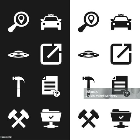 새로운 창 Ufo 비행 우주선 검색 위치 택시 자동차 망치와 알 수없는 문서 아이콘에서 열립니다 설정합니다 벡터 건강관리와