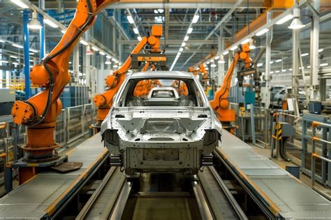 Automobile Assembly Line Production Automated Robot Arm Welding In A Car Factory Industrial