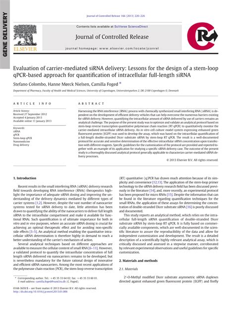 Pdf Evaluation Of Carrier Mediated Sirna Delivery Lessons For The Design Of A Stem Loop Qpcr