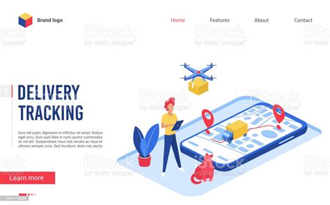 배달 추적 서비스 벡터 일러스트레이션 웹 사이트 인터페이스 창조적 인 평면 디자인 만화 남자 캐릭터와 현대 우편 기술을 사용하여 상자를 제공 3차원 형태에 대한 스톡 벡터