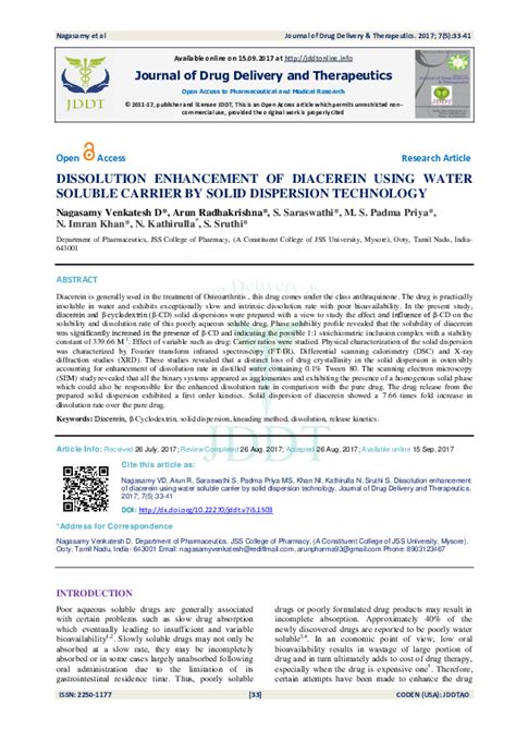 Pdf Dissolution Enhancement Of Diacerein Using Water Soluble Carrier