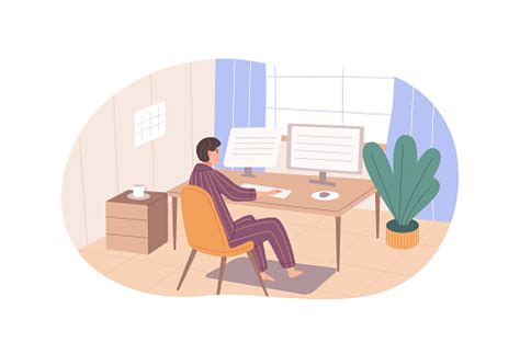 현대 남자는 홈 오피스에서 일하는 컴퓨터 모니터와 태블릿 Pc 앉아 책상을 사용합니다 Brand Name Smart Phone에 대한 스톡 벡터 아트 및 기타 이미지