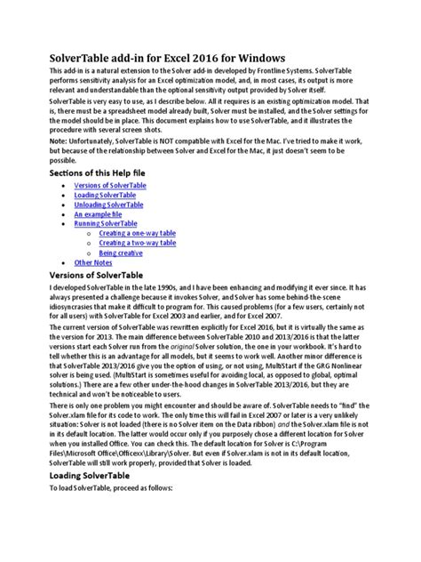 Solvertable Add In For Excel 2016 For Windows Sections Of This Help