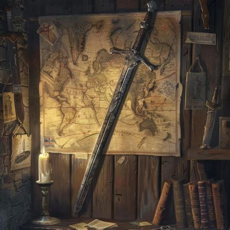 A Weathered Sword Hangs Beside An Antique World Map Lit By Candlelight Premium Ai Generated Image