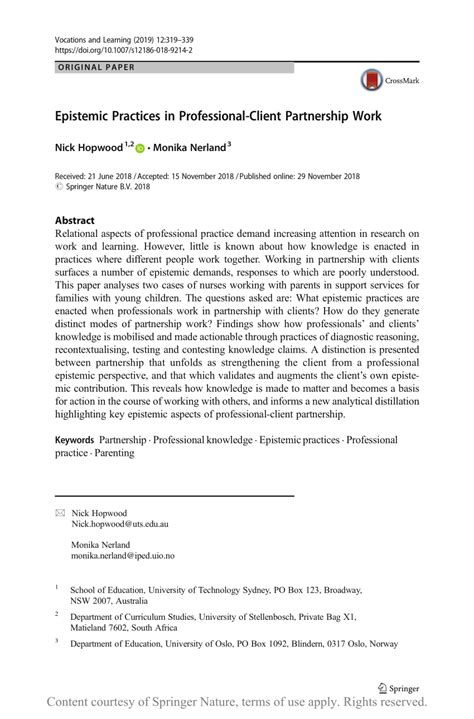 Epistemic Practices In Professional Client Partnership Work Request Pdf