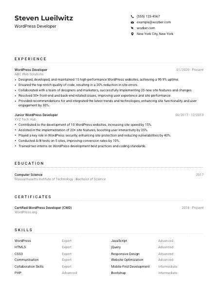 Wordpress Developer Resume Example