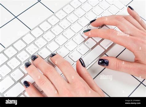 Female Hand Using Computer Keyboard Hand Typing On Desktop Office Computer Keyboard Woman