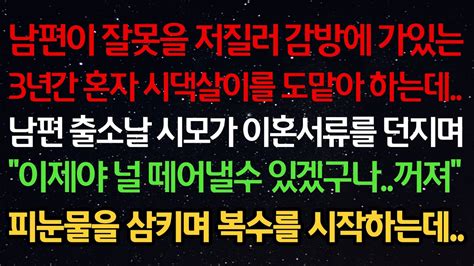 실화사연 남편이 옥에 가있는 년간 시댁살이를 도맡아 하는데 남편 나오는 날 시모가 이혼서류를 던지며 이제야 널 떼어낼수 있겠구나 피눈물을 삼키며 복수를 시작하는데