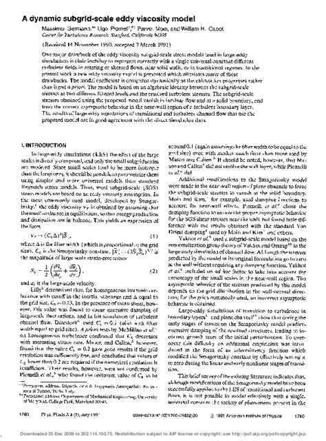 Pdf A Dynamic Subgrid Scale Eddy Viscosity Model Parviz Moin