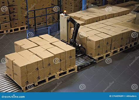 Palletizing Robot Loading Boxes Onto Pallets In Warehouse Stock