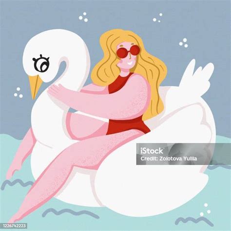 풍선 백조에 소녀입니다 여름 일러스트 흰색 배경에 고립 된 현대 서예 최고의 여름과 푸른 바다 파도에 이미지 공기 주입에 대한