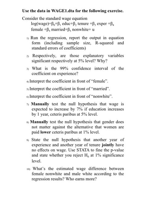 solved use the data in wage1 dta for the following exercise