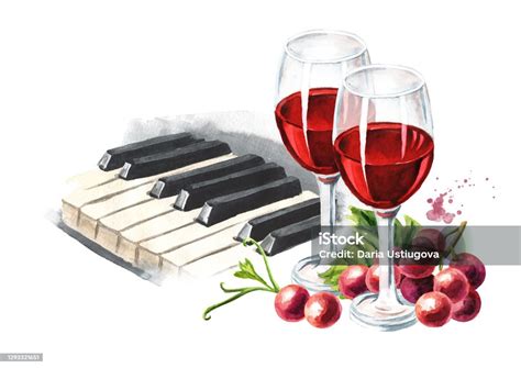 피아노 키와 와인 흰색 배경에 고립 된 손으로 그린 수채화 그림 클래식 음악에 대한 스톡 벡터 아트 및 기타 이미지 클래식