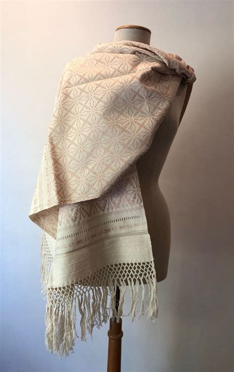 Mexican Rebozo Oaxaca Cotton Shawl Handwoven Artisanal Design White