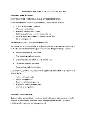 Sales Management N Module Lecture Notes Overview Studocu