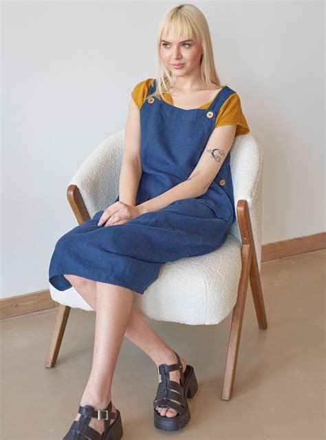 Strappy Navy Linen Overall Dress With Pockets Strappy Buttons