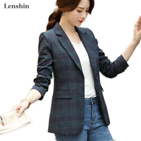 Lenshin 우아한 격자 무늬 긴 소매 재킷 여성용 거드 블레이저 패션 작업복 슬림 오피스 레이디 코트 아웃웨어 싱글 버튼
