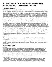 Free Recall And Recognition Prac Report Sac Docx EFFECTIVITY OF RETRIEVAL METHODS FREE RECALL