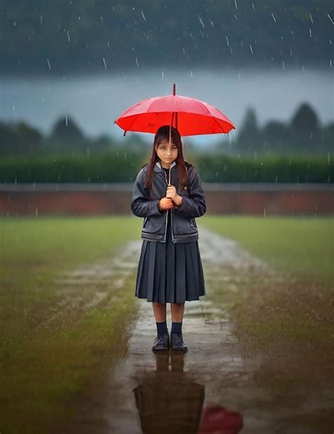 Premium Photo A Girl Is Standing In A School Field Now That It Is Raining