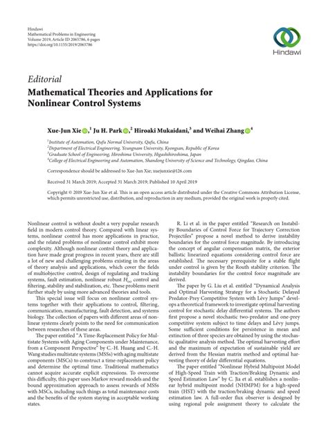 Pdf Mathematical Theories And Applications For Nonlinear Control Systems