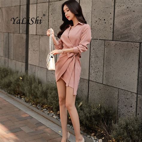 2022 봄 여름 우아한 핑크 드레스 턴다운 여성 비대칭 드레스 긴팔 사무실 드레스 로사women Dresswinter