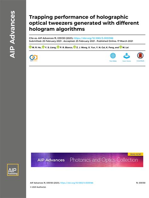 Pdf Trapping Performance Of Holographic Optical Tweezers Generated