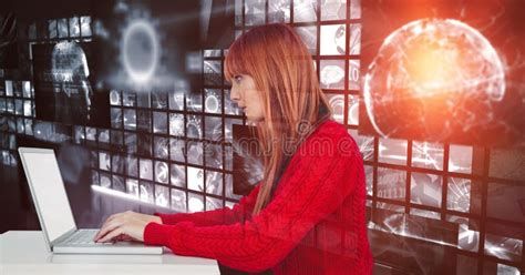 Female Hacker Using Laptop Against Screens Stock Image Image Of
