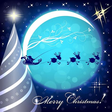 달과 산타 클로스와 블루 크리스마스 배경 프리미엄 벡터