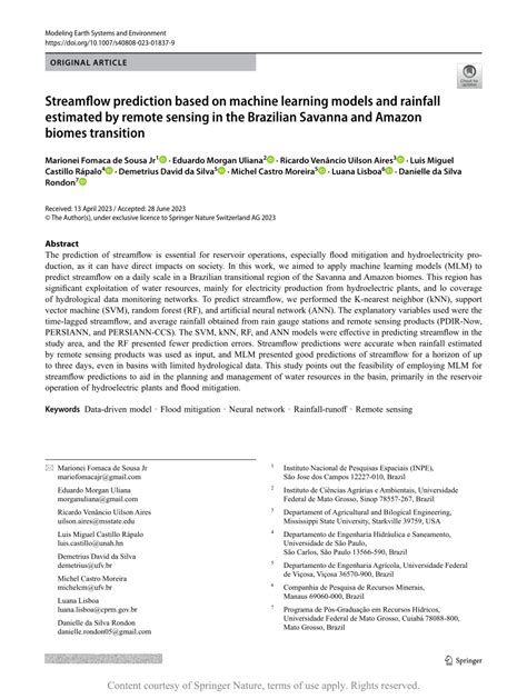 Streamflow Prediction Based On Machine Learning Models And Rainfall