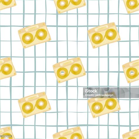 양식에 일치시키는 카세트 프린트 매끄러운 패턴 손으로 그린 80 년대 노란색 장식 은 흰색 배경에 체크 1980 1989 년에 대한 스톡 벡터 아트 및 기타 이미지 Istock