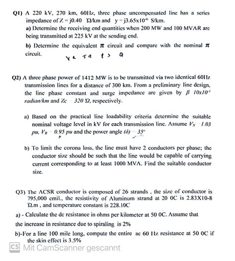 Solved Q1 ﻿a 220kv270km601 ﻿three Phase Uncompensated