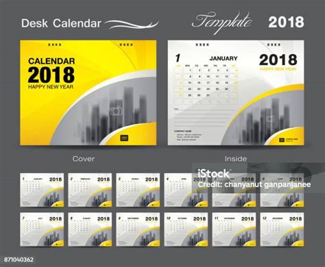 데스크 캘린더 2018 템플릿 디자인 노란색 표지 12 개월 사업 일정 아이디어의 설정 0명에 대한 스톡 벡터 아트 및 기타 이미지 Istock