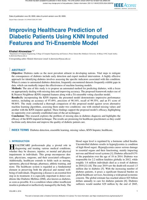 PDF Improving Healthcare Prediction Of Diabetic Patients Using KNN Imputed Features And Tri