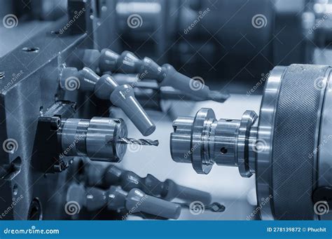 The Multi Tasking Cnc Lathe Machine Drilling The Metal Shaft Parts