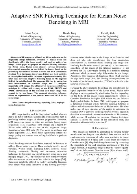 Pdf Adaptive Snr Filtering Technique For Rician Noise Denoising In Mri
