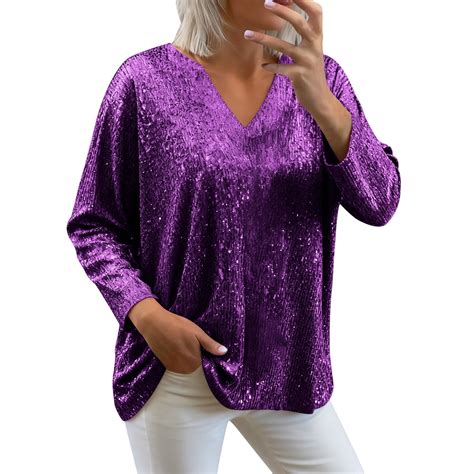 Hinvhai Women Sequin Top V Neck Long Sleeve Sequin Shirt Sparkly