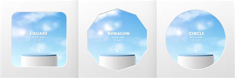 정사각형 Nonagon 및 원형 창과 푸른 하늘 장면에 있는 사실적인 3d 흰색 원통형 연단 세트 미니멀리스트 모형 받침대 추상 제품 디스플레이 프레젠테이션 무대 쇼케이스