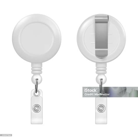 벡터 현실적인 3d 화이트 라운드 릴 홀더 클립 그래픽 카드 Id 배지 설정 흰색 배경에 고립의 근접 촬영 전면 및 후면 볼 수 있습니다 이랑에 대 한 디자인 서식 파일 3