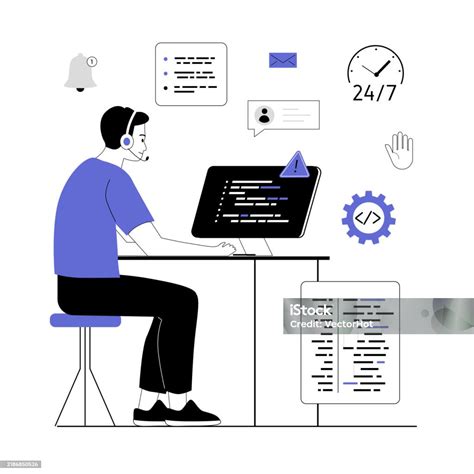 기술 지원 서비스 개념 Man 운영자는 소프트웨어 사용자의 문제를 해결합니다 웹 디자인을 위한 선 사람들과 벡터 Illustration Brand Name Online