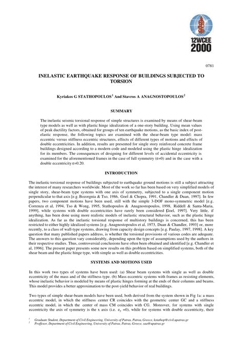Pdf Inelastic Earthquake Response Of Buildings Subjected To Torsion