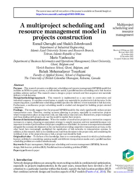 Pdf A Multiproject Scheduling And Resource Management Model In Projects Construction