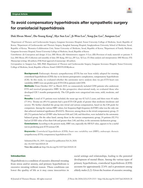 Pdf To Avoid Compensatory Hyperhidrosis After Sympathetic Surgery For Craniofacial Hyperhidrosis