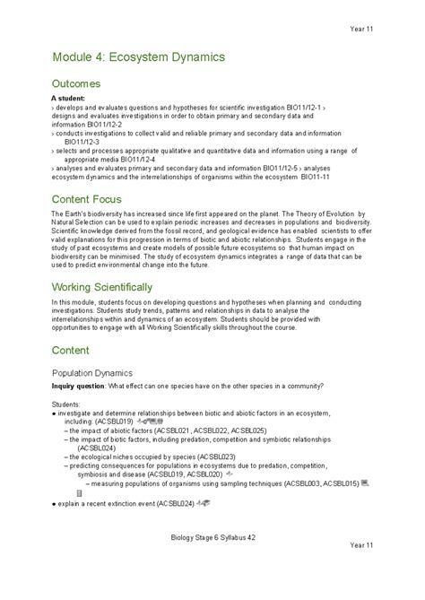 Module Ecosystem Dynamics Outcomes Year Module Ecosystem Dynamics Outcomes A Babe