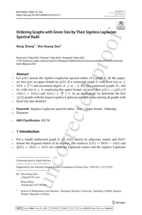 Pdf Ordering Graphs With Given Size By Their Signless Laplacian Spectral Radii