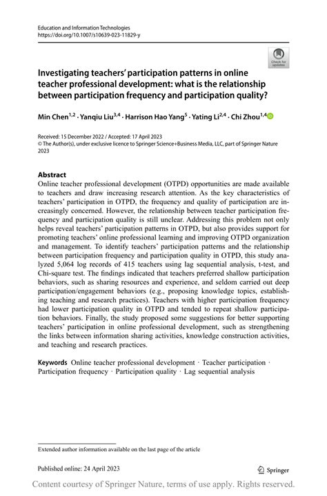 Investigating Teachers Participation Patterns In Online Teacher Professional Development What