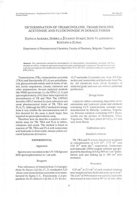 Pdf Determination Of Triamcinolone Triamcinolone Acetonide And Fluocinonide In Dosage Forms