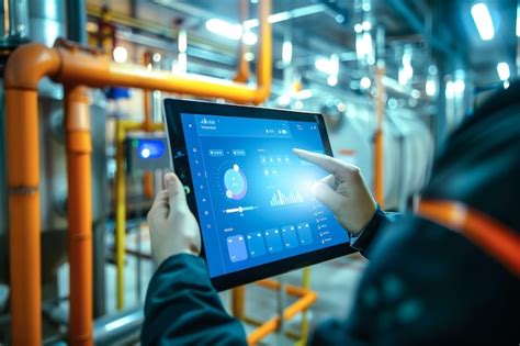 An Engineer Uses A Tablet To Control Smart Factory Automation Software Generative Ai Premium