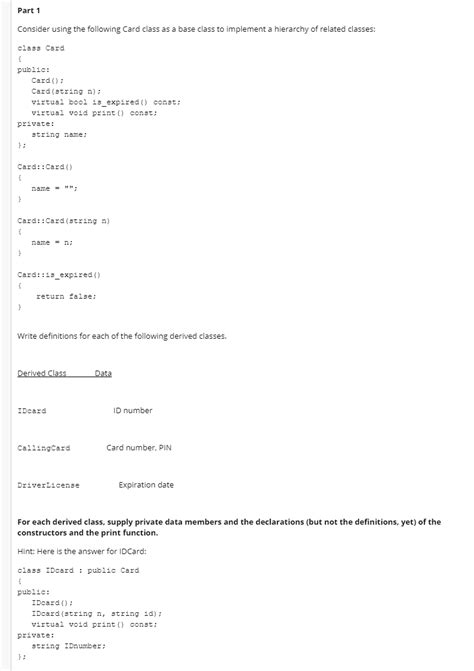 Solved Part Consider Using The Following Card Class As A Chegg
