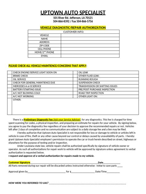 Vehicle Diagnostic And Repair Authorization Pdf Vehicles Transport