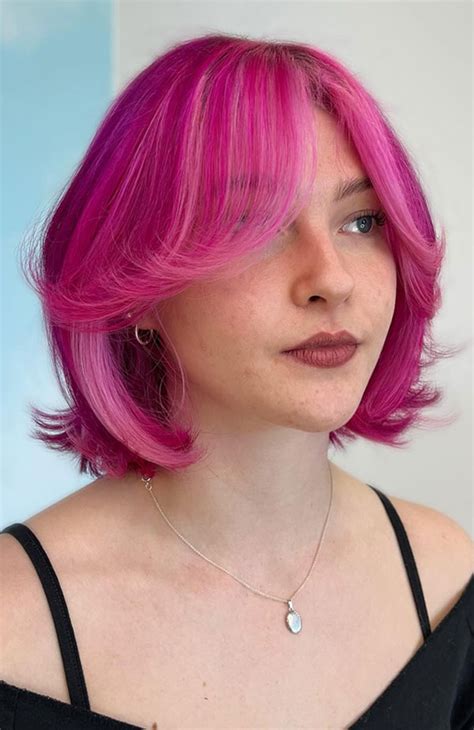 Vibrant Pink Feathered Lob With Curtain Bangs For Fine Thin Straight Hair